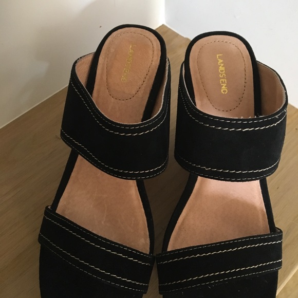 Lands' End | Shoes | Lands End Black Suede Wedge Sandals Ladies Size 7 ...